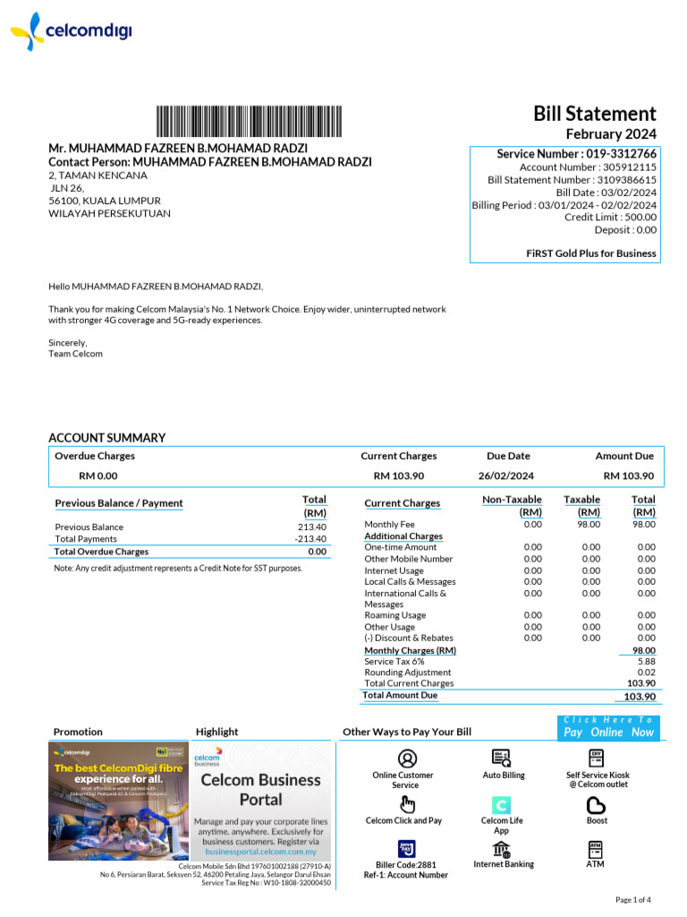 Celcom Feb 2024 | PDF | Service Industries | Payments
