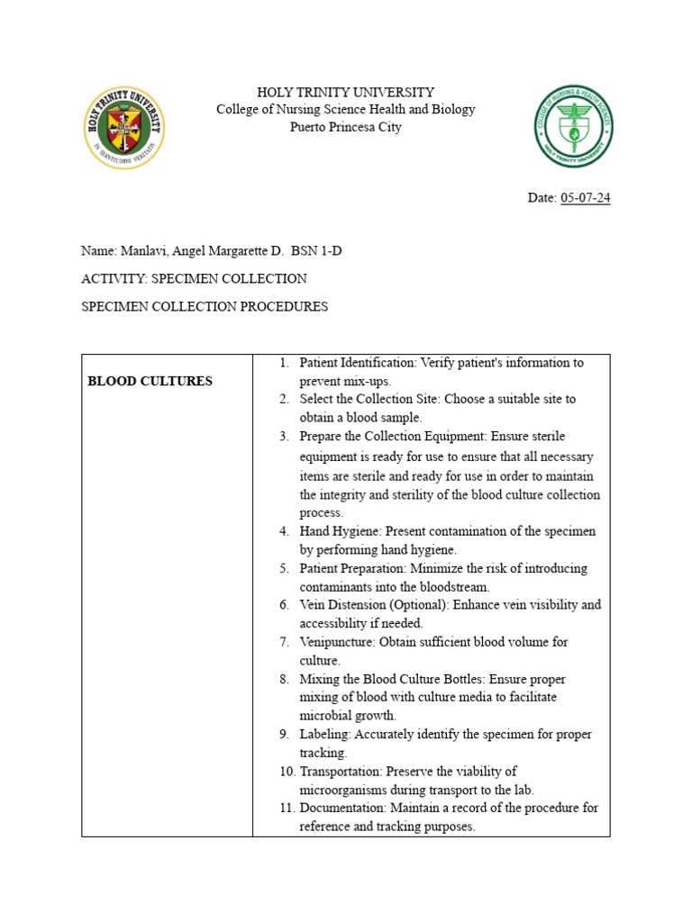 Specimen Collection Procedures | Download Free PDF | Hand Washing | Hygiene