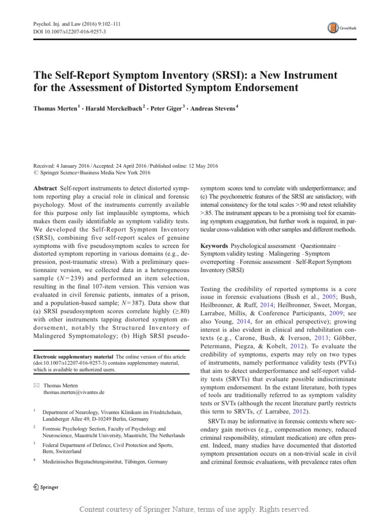 The Self-Report Symptom Inventory SRSI a New Instr | PDF | Receiver ...