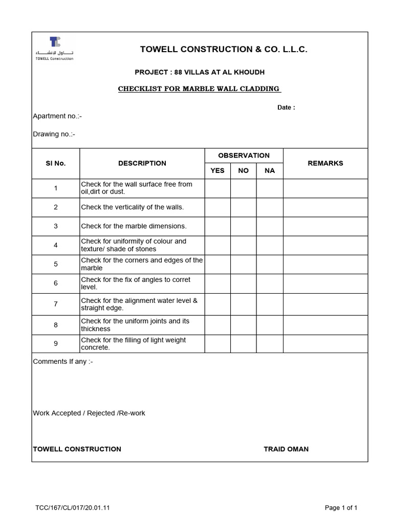 CHECK LIST For Marble Wall Cladding in TH Lift Area Cladding | PDF
