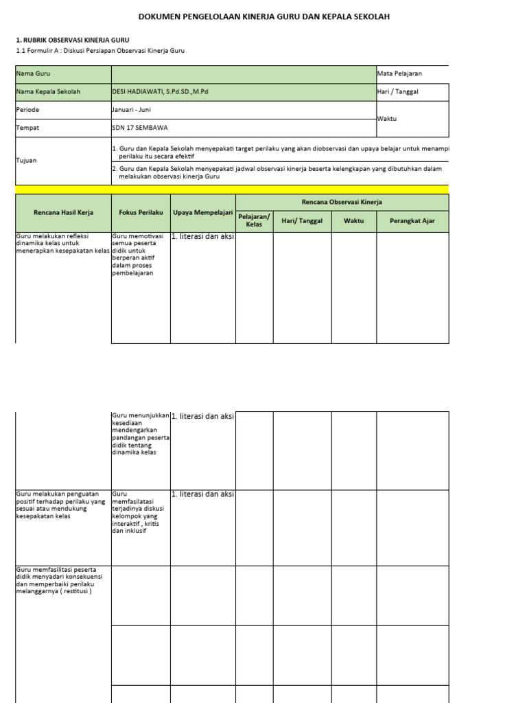 Contoh Form Observasi Kinerja Guru | PDF