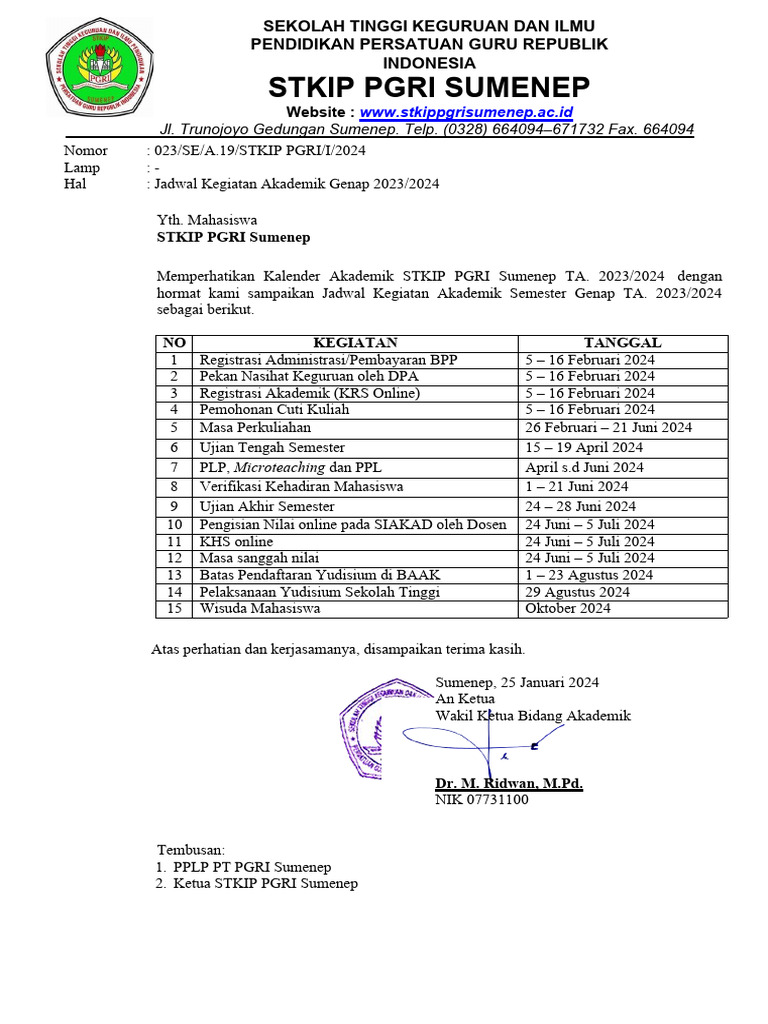 Edaran Mahasiswa Jadwal Akademik Genap 2023.2 | PDF