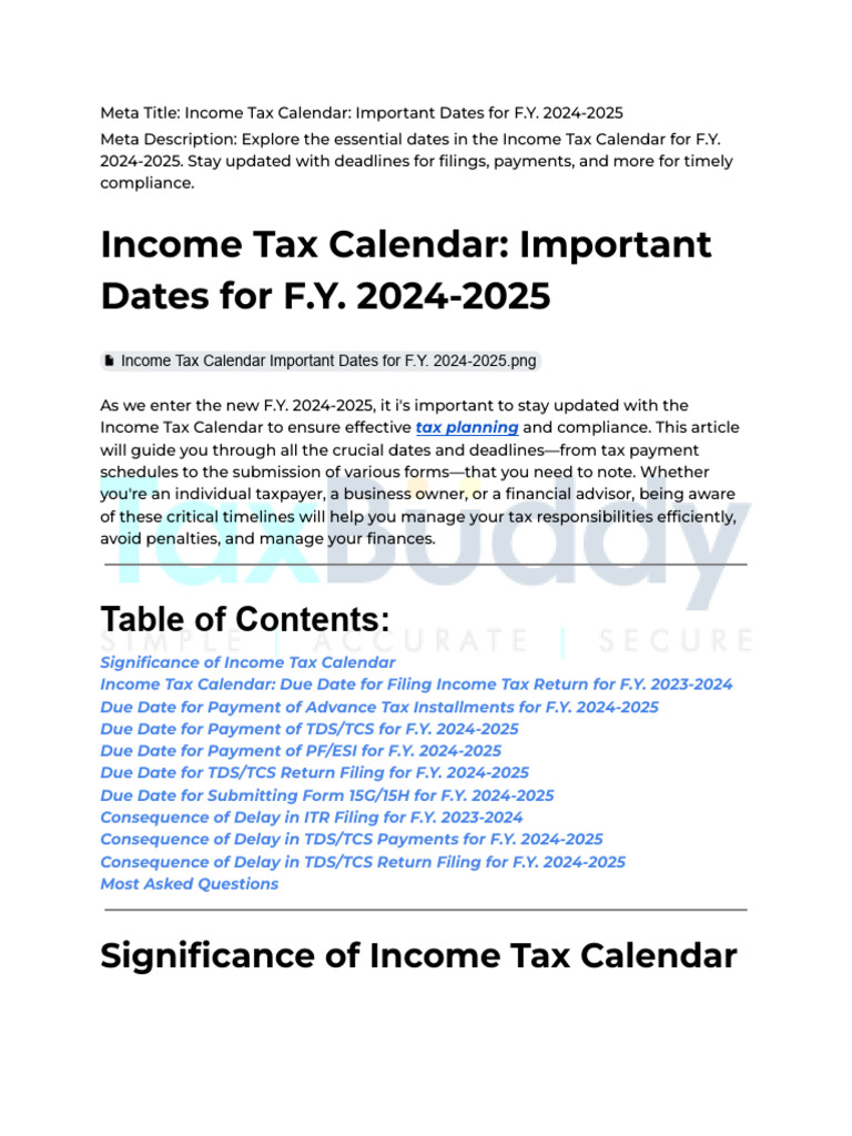 Income Tax Calendar Document: Important Dates For F.Y. 2024-2025 | PDF ...