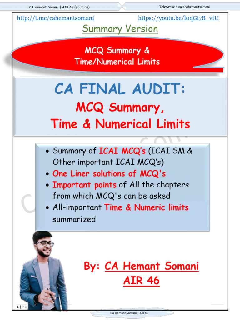 Audit MCQ Summary & Numerical Limits Full OCR | PDF | Audit | Auditor's Report