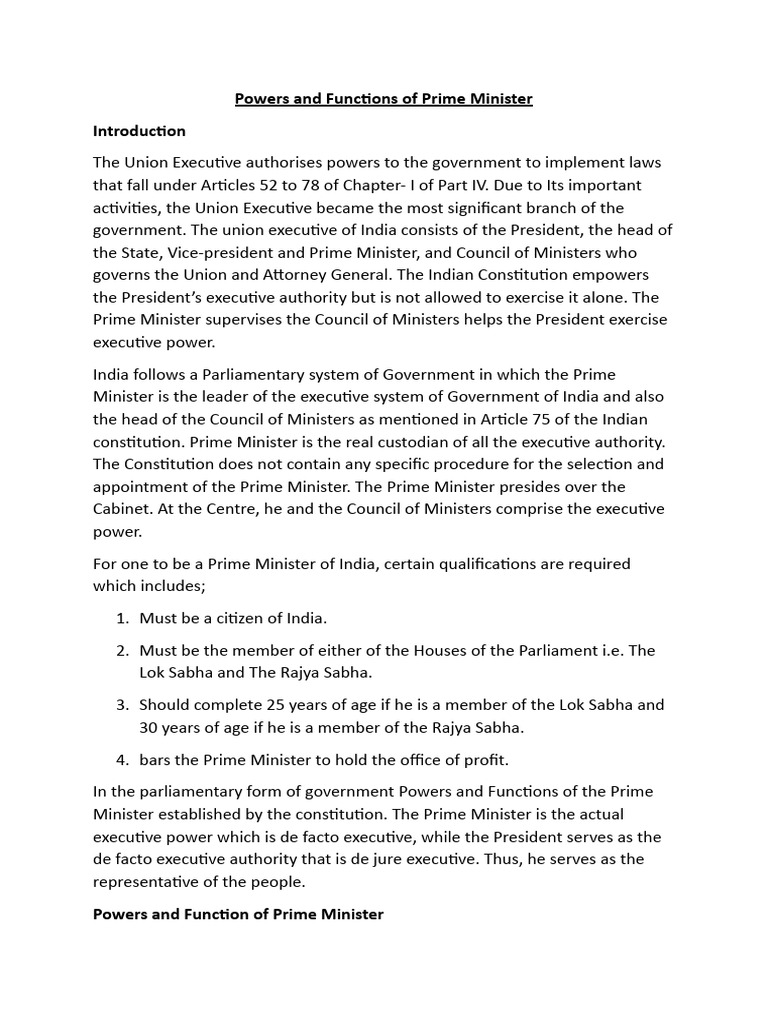 Power and Functions of Prime Minister | Download Free PDF | Government ...