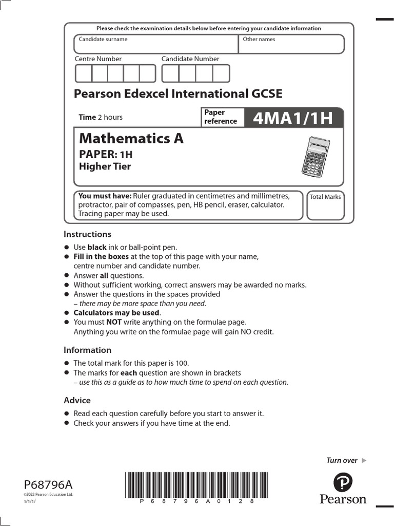 Edexcel IGCSE A Maths Higher Paper 1 June 2022 | PDF | Area | Mathematics