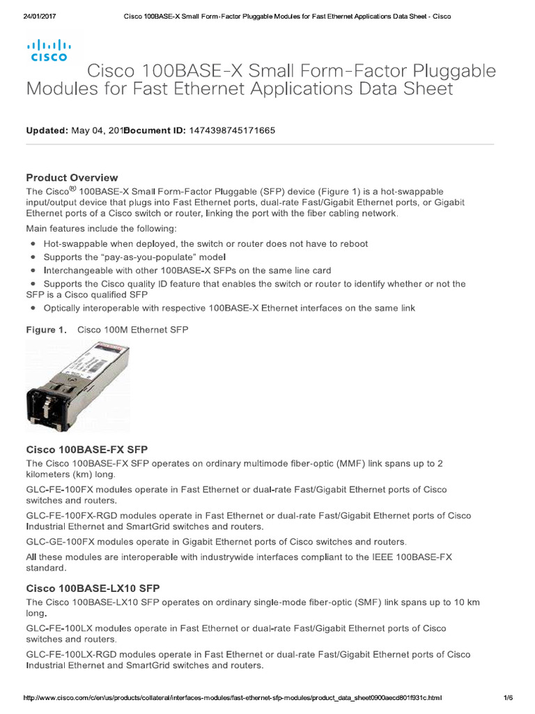 Cisco 100BASE-X Small Form-Factor Plugg... Hernet Applications Data ...