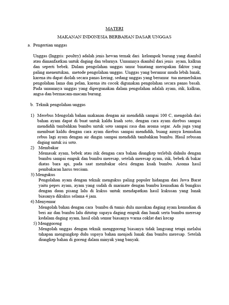 Materi Pengolahan Unggas Khas Indonesia | PDF
