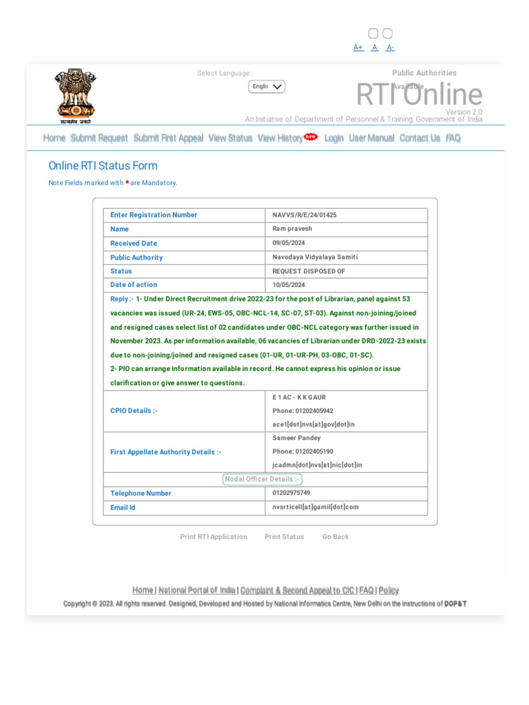RTI Online - View Status Form | PDF
