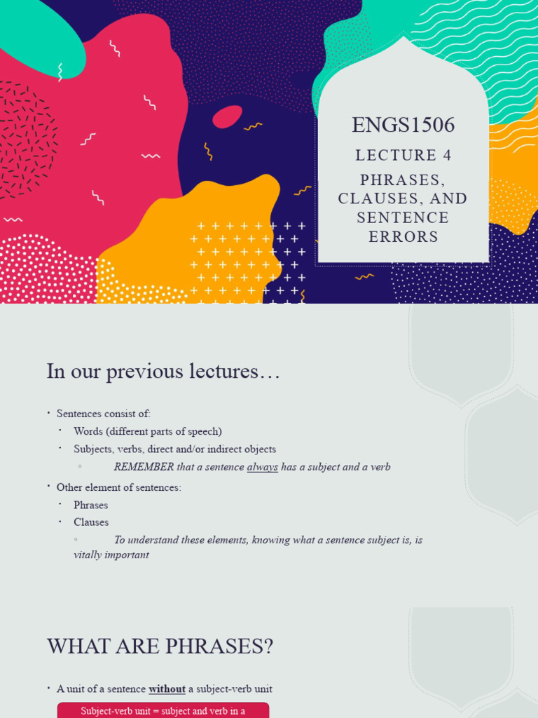 Lecture 4 - Clauses Phrases and Sentence Errors | PDF | Subject (Grammar) | Sentence (Linguistics)
