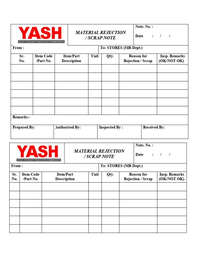 Material Rejection-Scrap Note | PDF