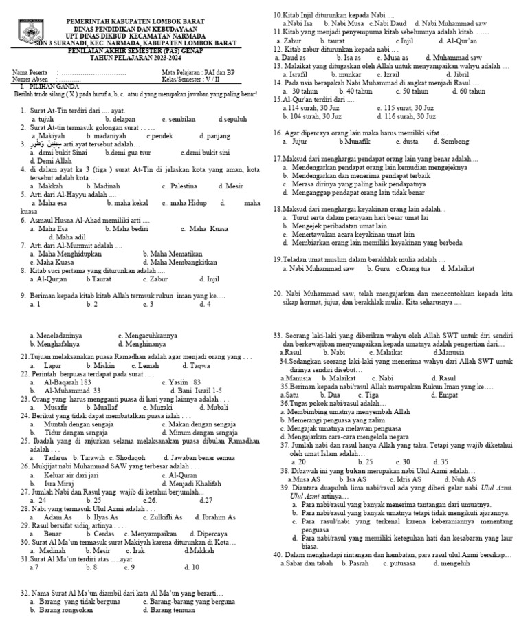 Soal PAS PAI Kelas 5 SDN 3 Suranadi | PDF