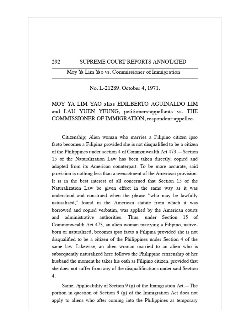 Moy Ya Lim Yao vs. Commissioner of Immigration 41 SCRA 292 | PDF ...