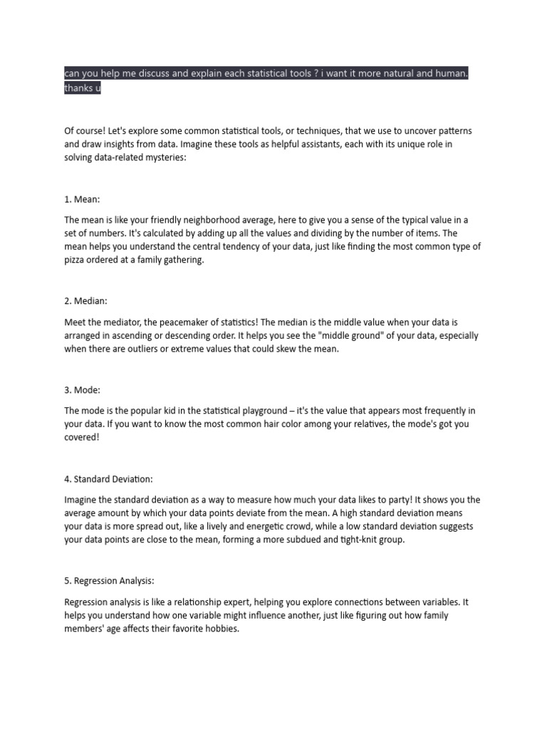 Each Statistical Tools | Download Free PDF | Mean | Statistics