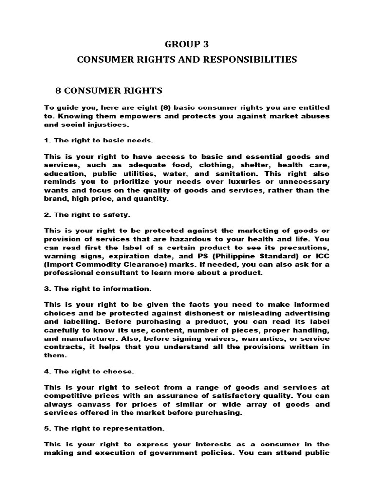Consumer Rights and Responsibilities | PDF | Consumer Protection | Goods