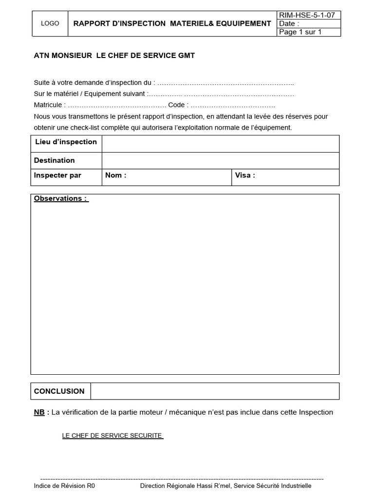 Rapport d'Inspection Matériel & Équipement | PDF
