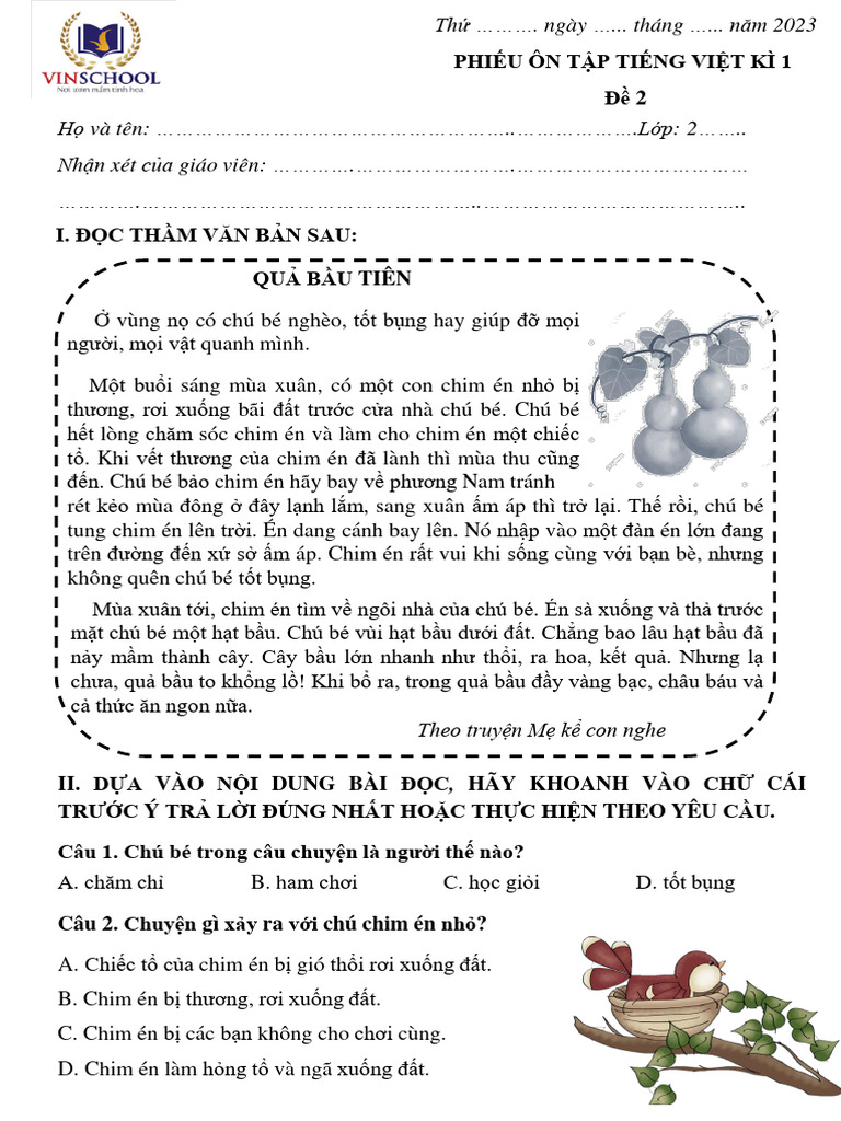 K2 - TV - Đề ôn tập cuối kì 1. Đề 2 | PDF