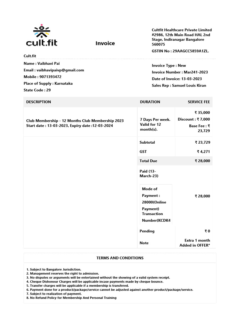 2023 Gym Bill | PDF | Invoice | Payments