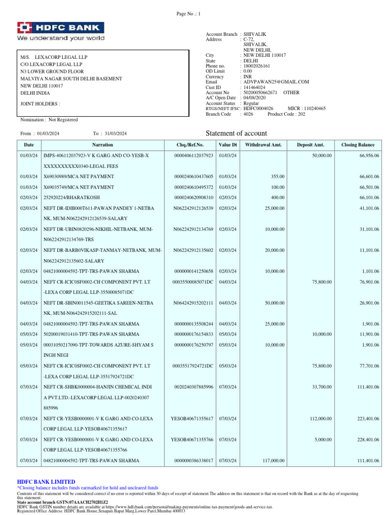 LexaCorp Legal LLP Account Statement | PDF | Payments | Debits And Credits