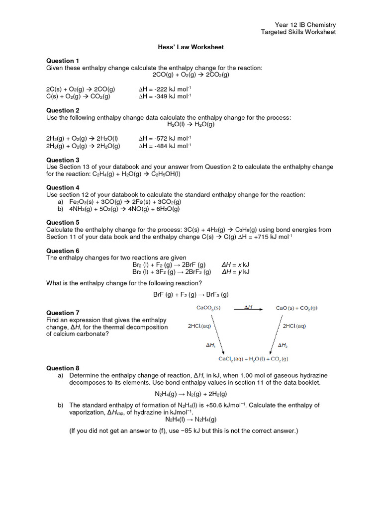 Hess Law Worksheet | PDF | Enthalpy | Chemistry