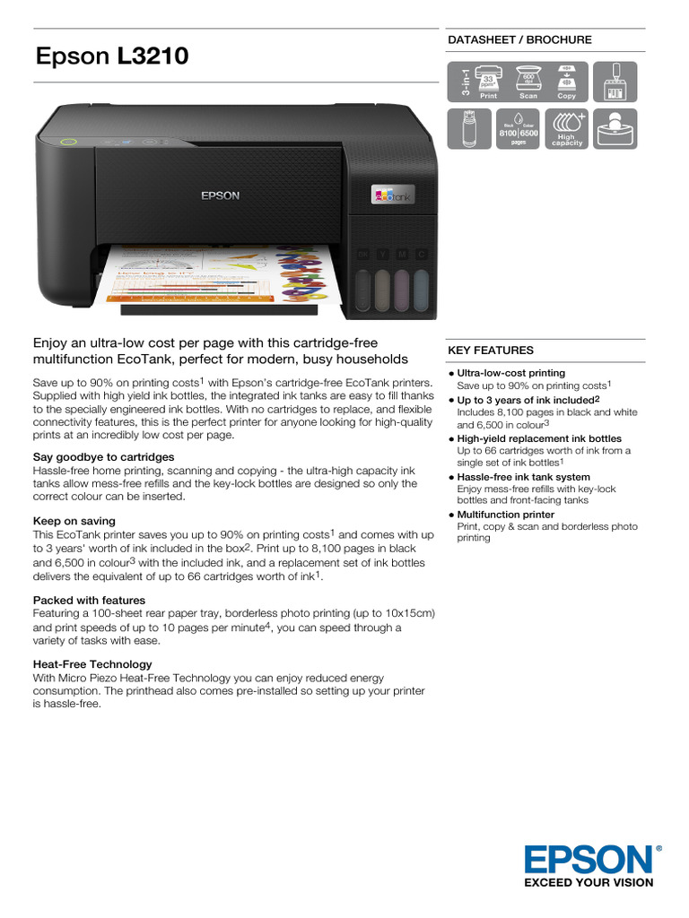 Epson L3210 Datasheet | PDF | Printer (Computing) | Image Scanner