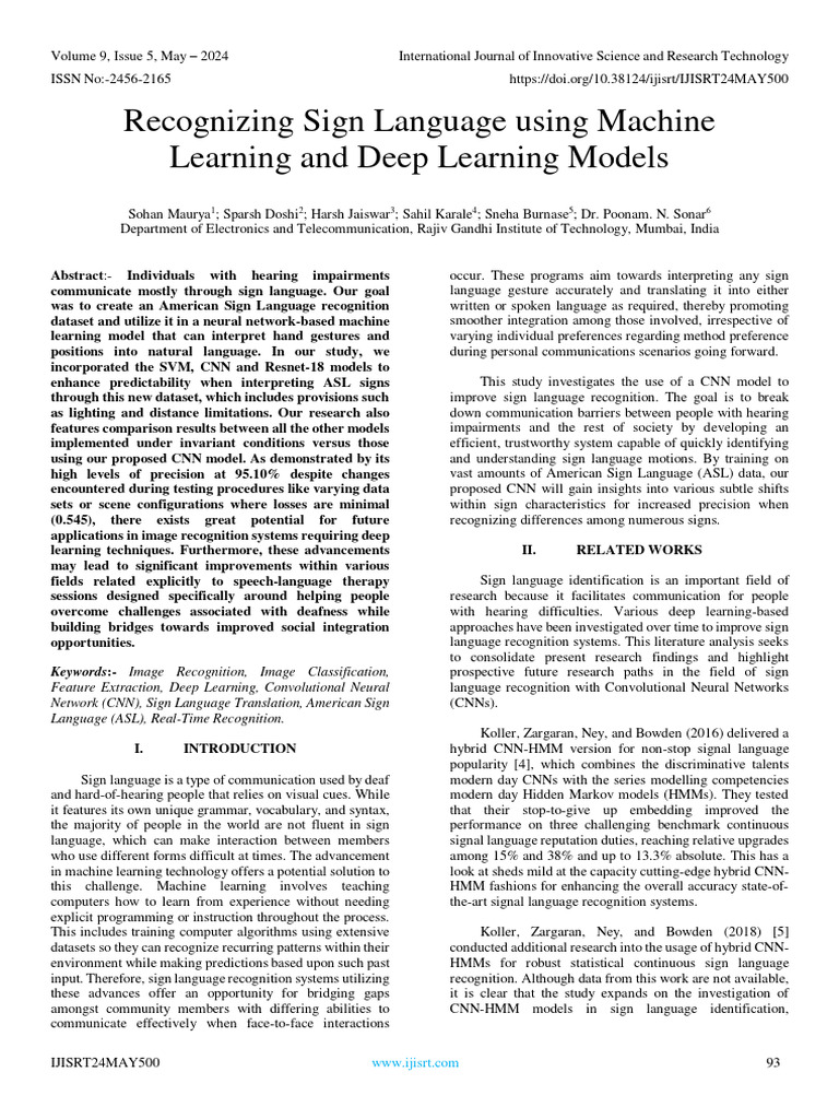 Recognizing Sign Language Using Machine Learning And Deep Learning