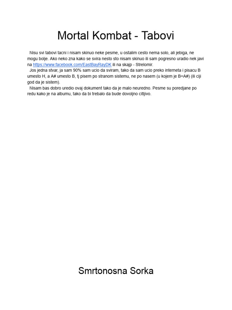 Mortal Kombat Akordi - Tabovi | PDF