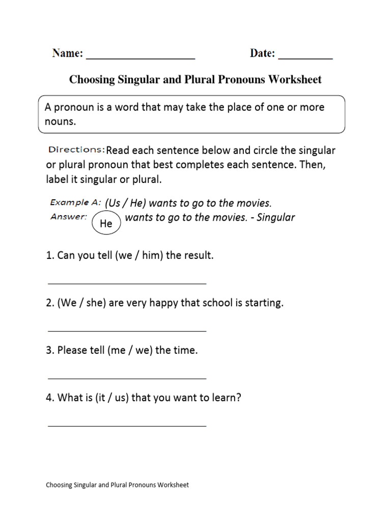 Singular vs Plural Pronouns Worksheet | PDF