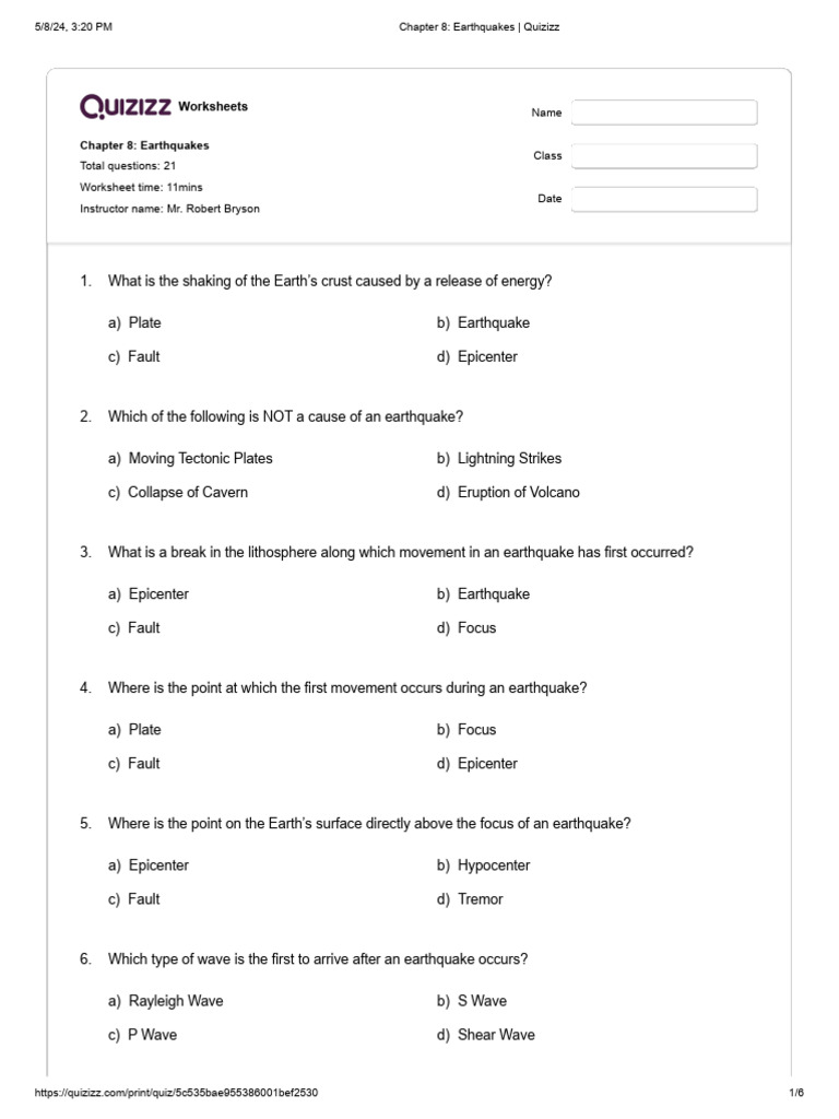 Earthquake Concepts Worksheet | PDF | Earthquakes | Plate Tectonics