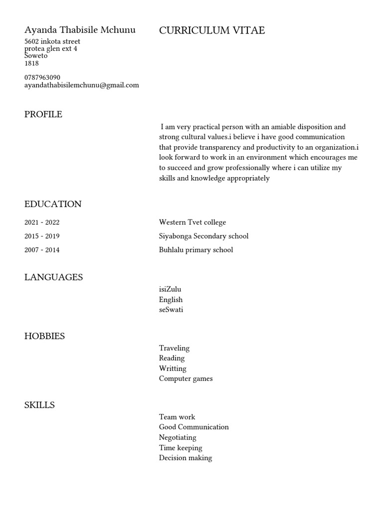 Curriculum Vitae: Ayanda Thabisile Mchunu | PDF