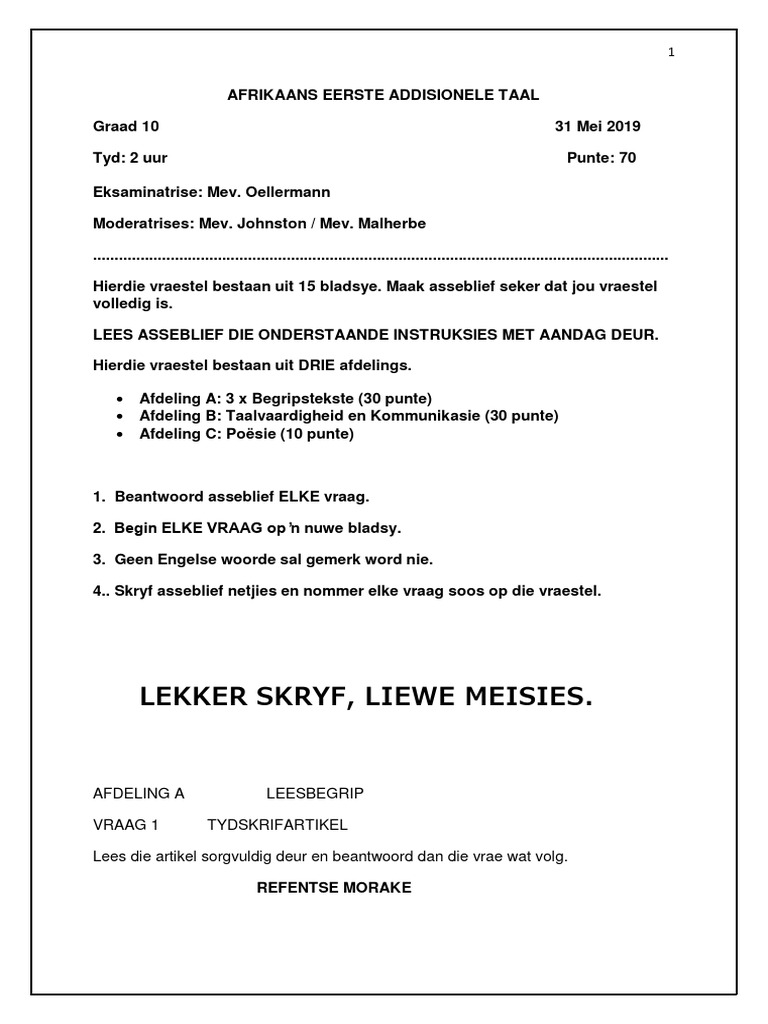 Afrikaans Grade 10 Past Paper June | PDF