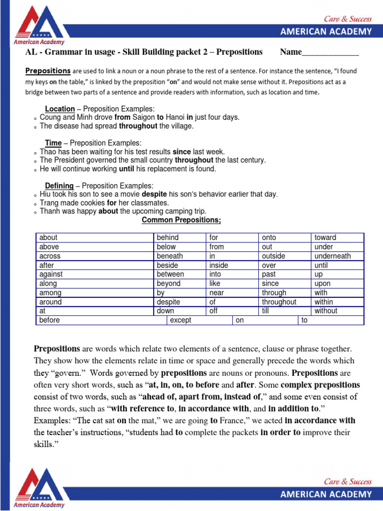 2 Prepositions AL Skill Packet | Download Free PDF | Preposition And ...