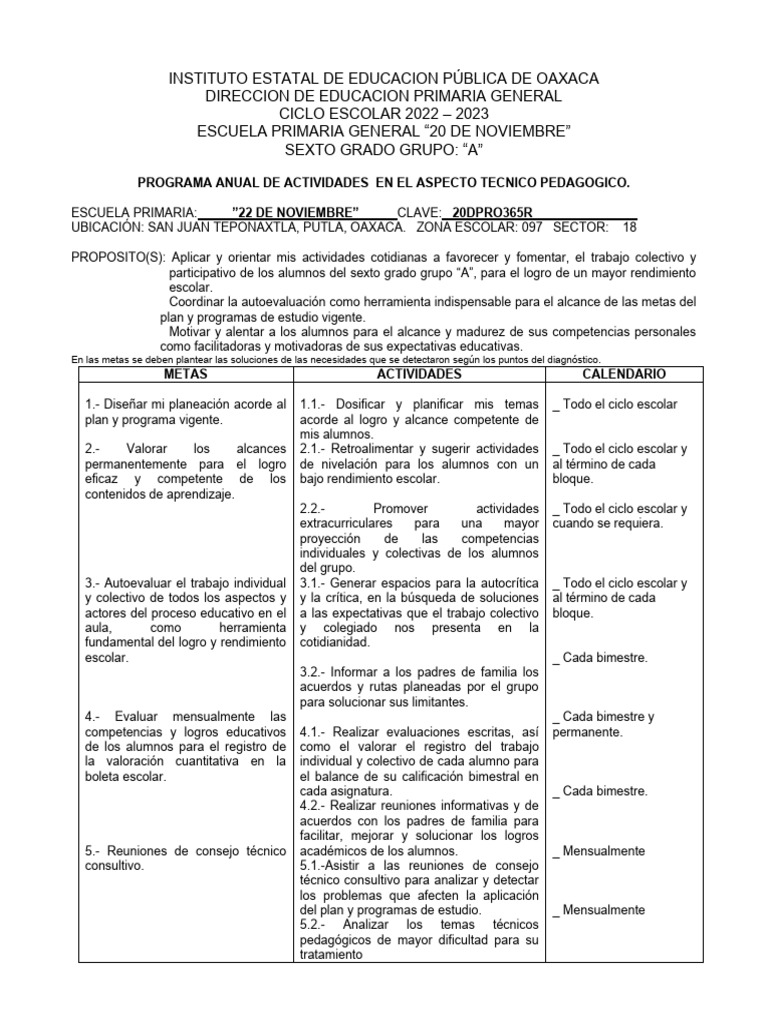 Programa Anual de Actividades 1° 2023 - 2024 | PDF | Educación primaria ...