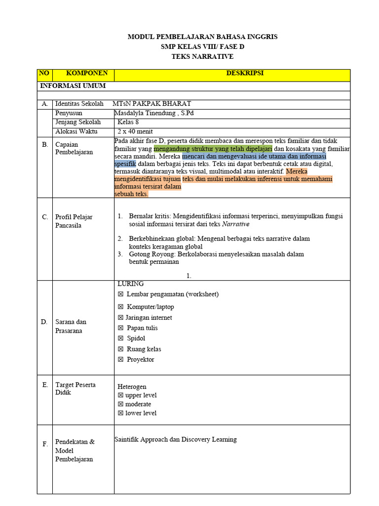 Modul Ajar Narrative Text 8 | PDF