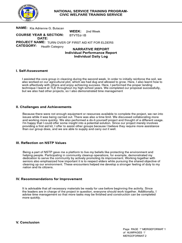 Bulacan Kia Adrienne Nstp Narrative Report Individual Blank.docx (2) | PDF | Social Psychology