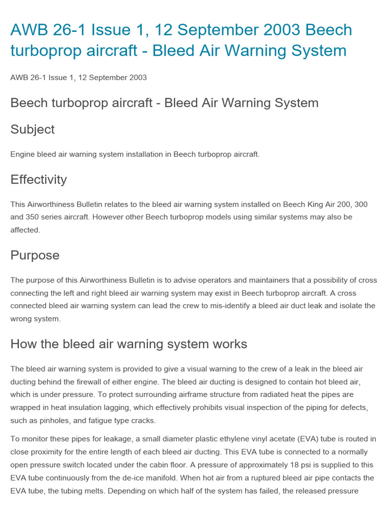 Airworthiness Bulletin 26 001 Beech Turboprop Aircraft Bleed Air ...