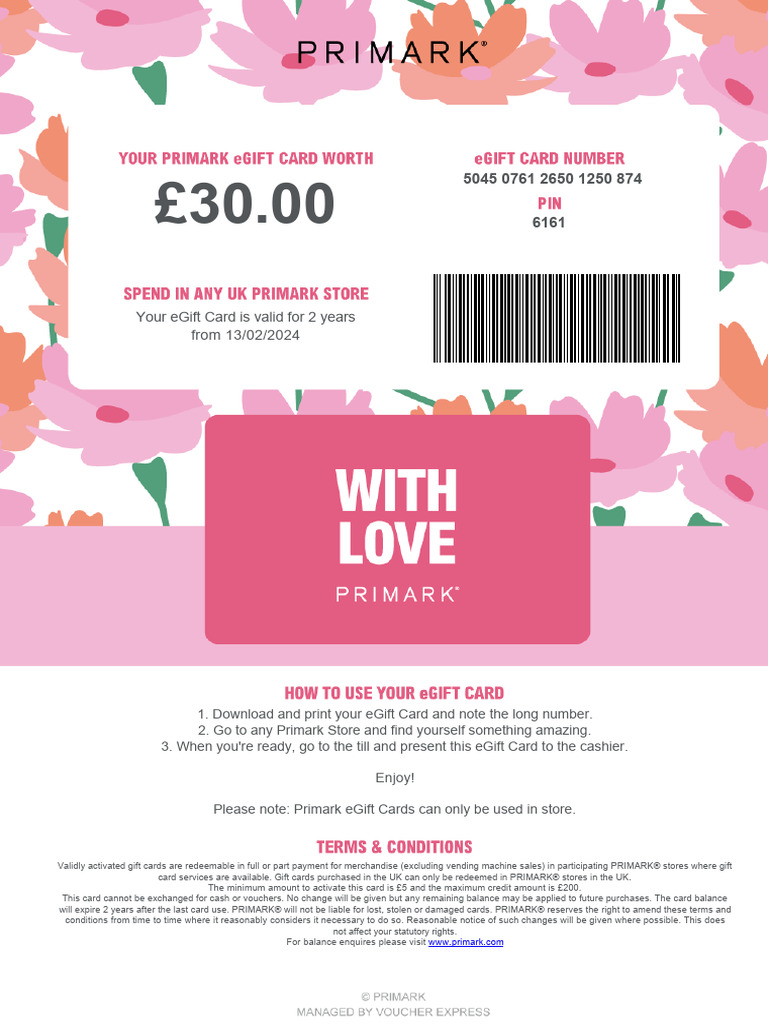 Your Primark EGift Card - PRIMARK-11817948-18533955 | PDF