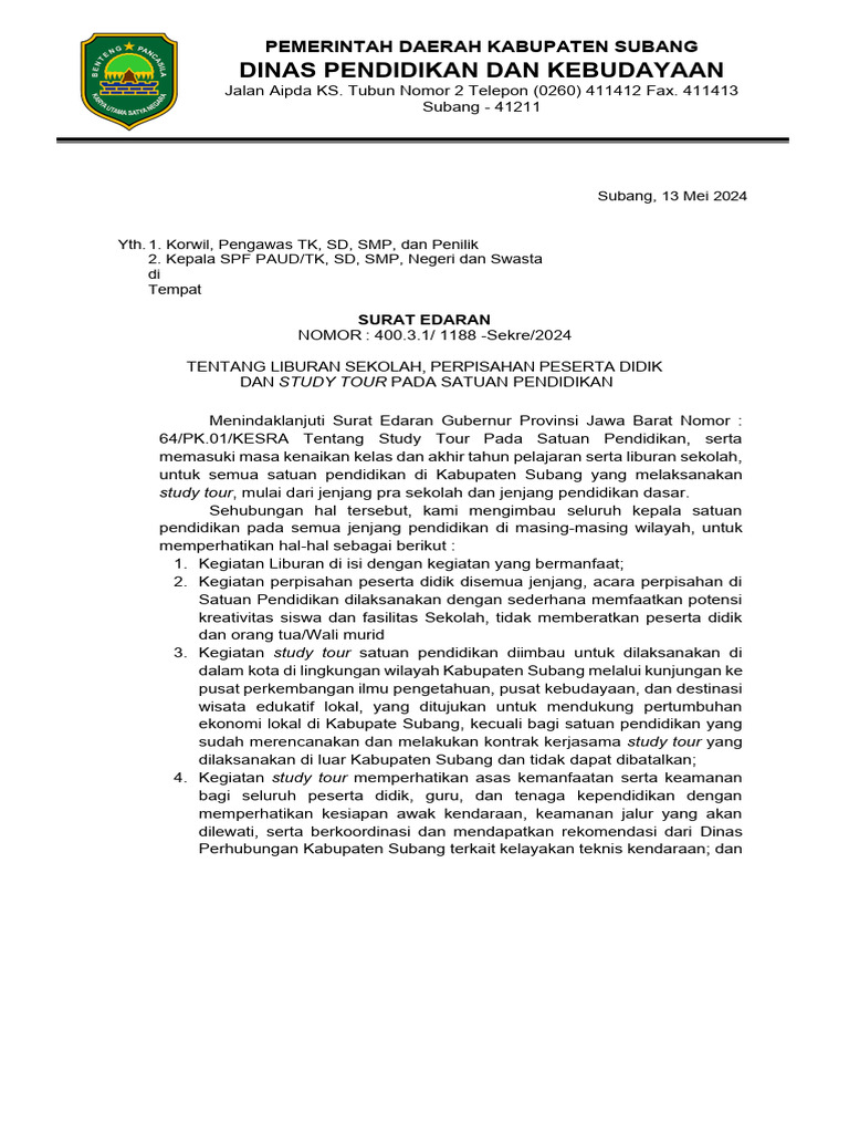 Surat Edaran Libur, Perpisahan Dan Study Tour 2024 - Sign1 | PDF