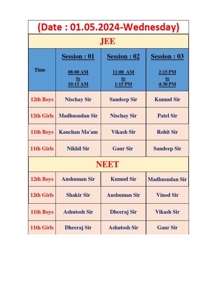 JEE NEET Exam Schedule May 2024 | PDF