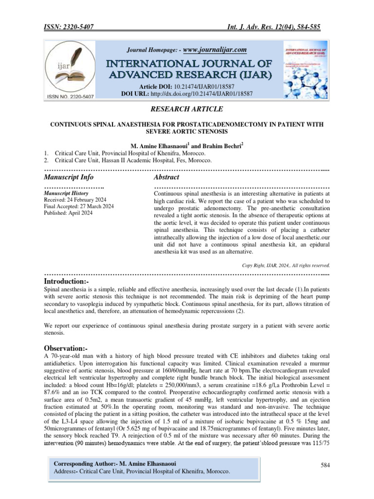 Continuous Spinal Anaesthesia For Prostaticadenomectomy in Patient With ...