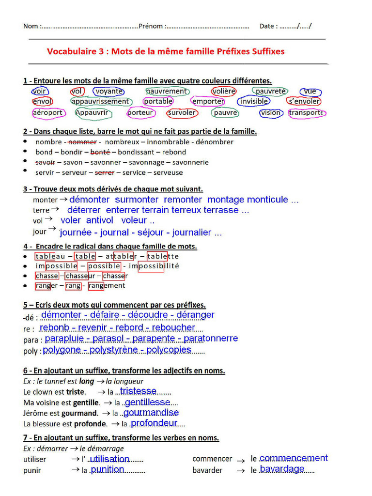 Vocabulaire 3 Mots Meme Famille Prefixes Suffixes Correction | PDF