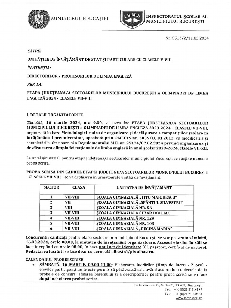 Anunt Etapa Pe Sectoare - Gimnaziu - Olimpiada de Engleza 2024 | PDF