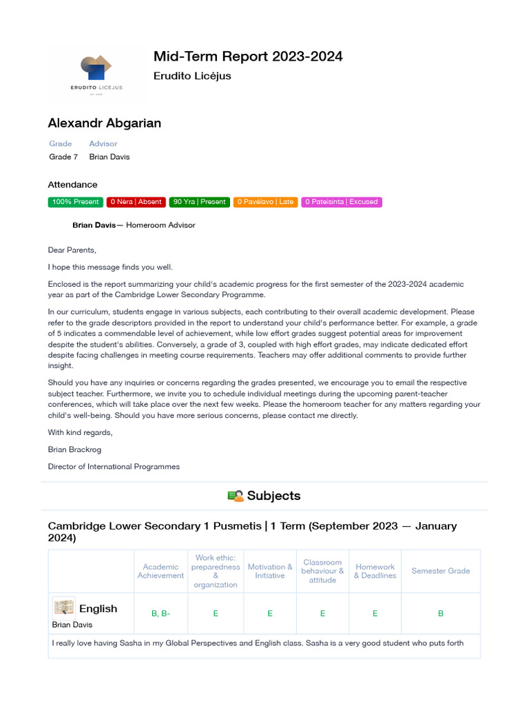 Mid-Term Report 2023-2024 Grade 7 Abgarian Alexandr 2024-01-26 | PDF ...
