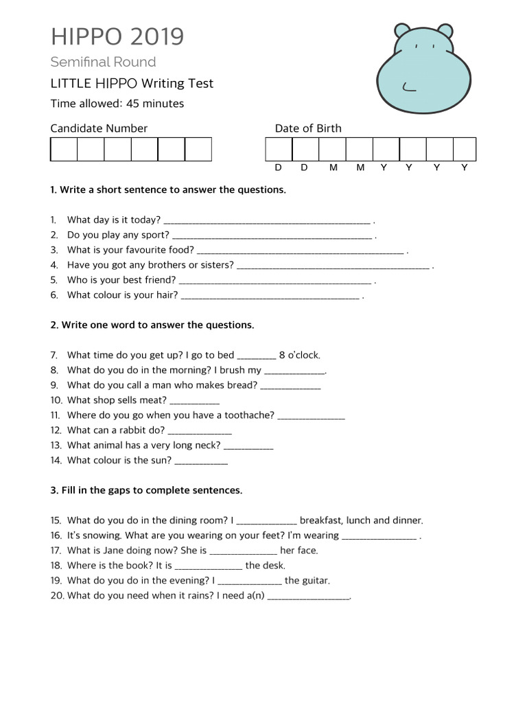 Little Hippo Writing Test 2019 | PDF | Self-Improvement
