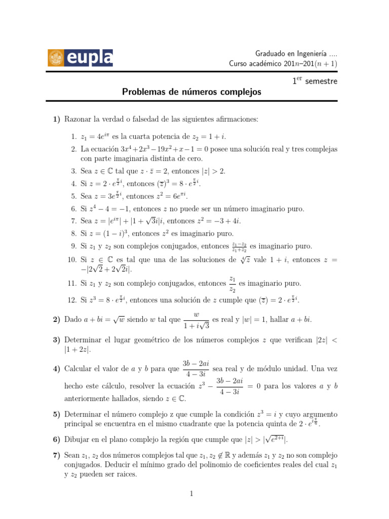 Problemas de Números Complejos en Ingeniería | PDF | Número complejo ...