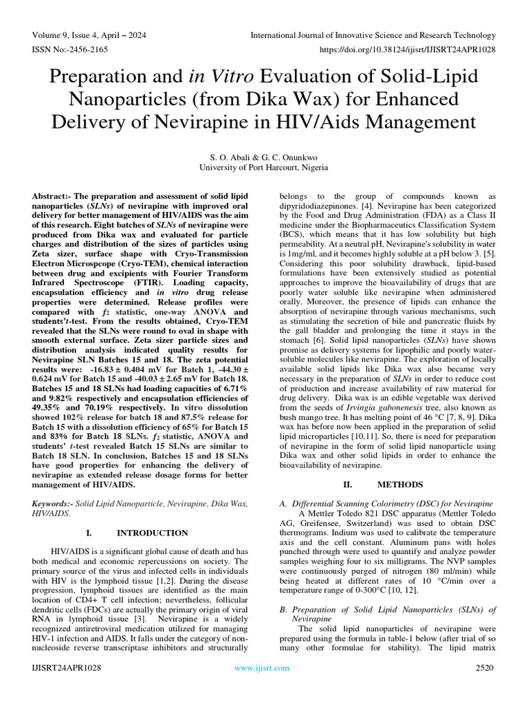 Preparation and in Vitro Evaluation of Solid-Lipid Nanoparticles (From Dika Wax) For Enhanced ...