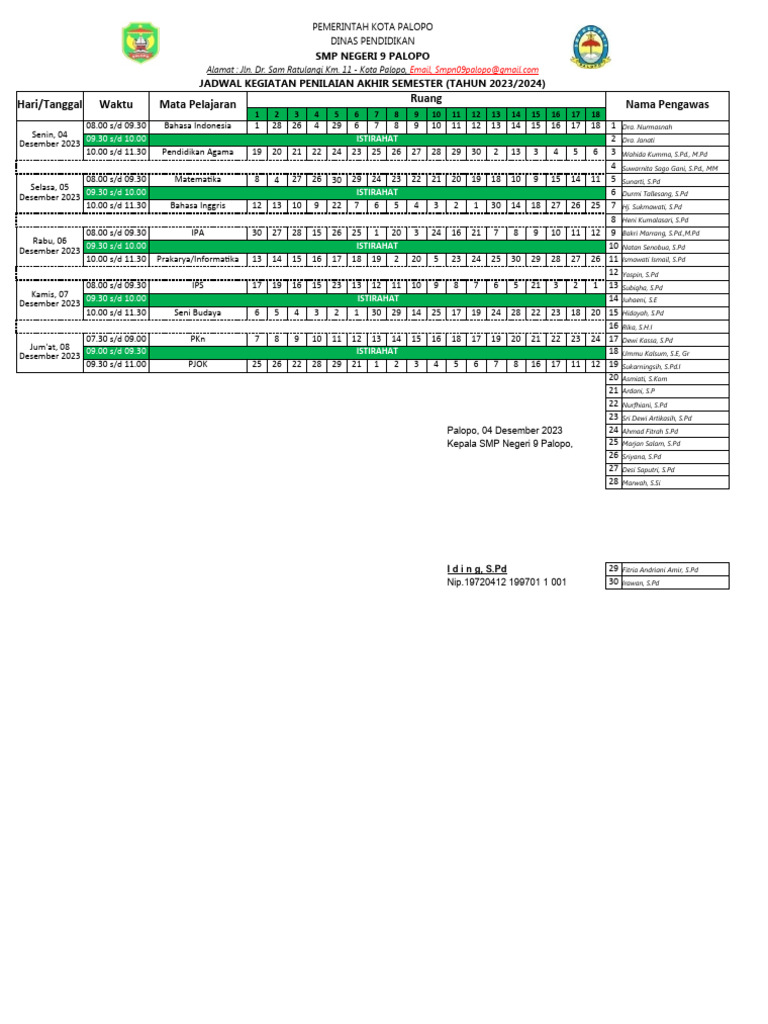 Jadwal Pengawas PAS GANJIL 2023-2024 | PDF