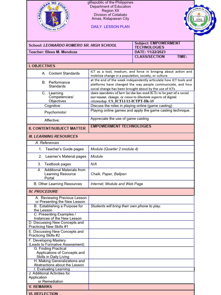 Daily Lesson Plan: Empowerment Technologies | PDF | Educational Technology | Learning