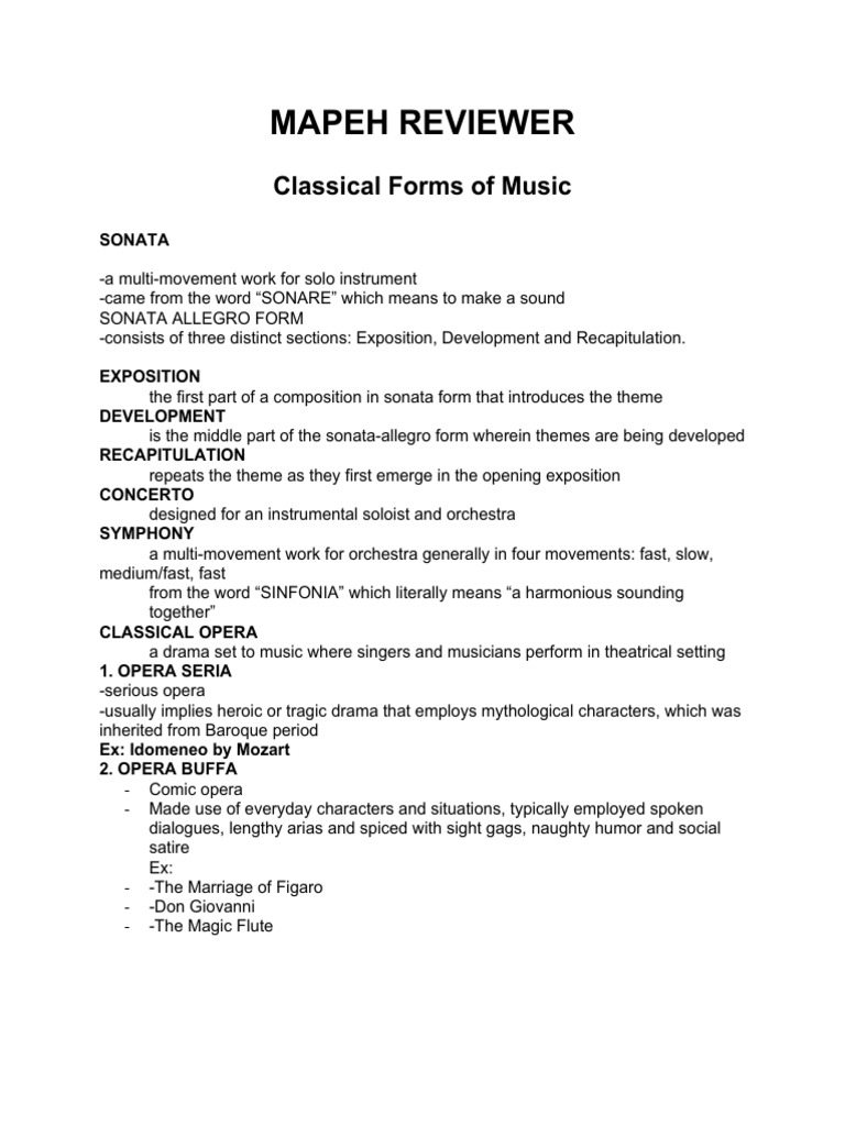 Mapeh Reviewer | PDF | Classical Period (Music) | Opera