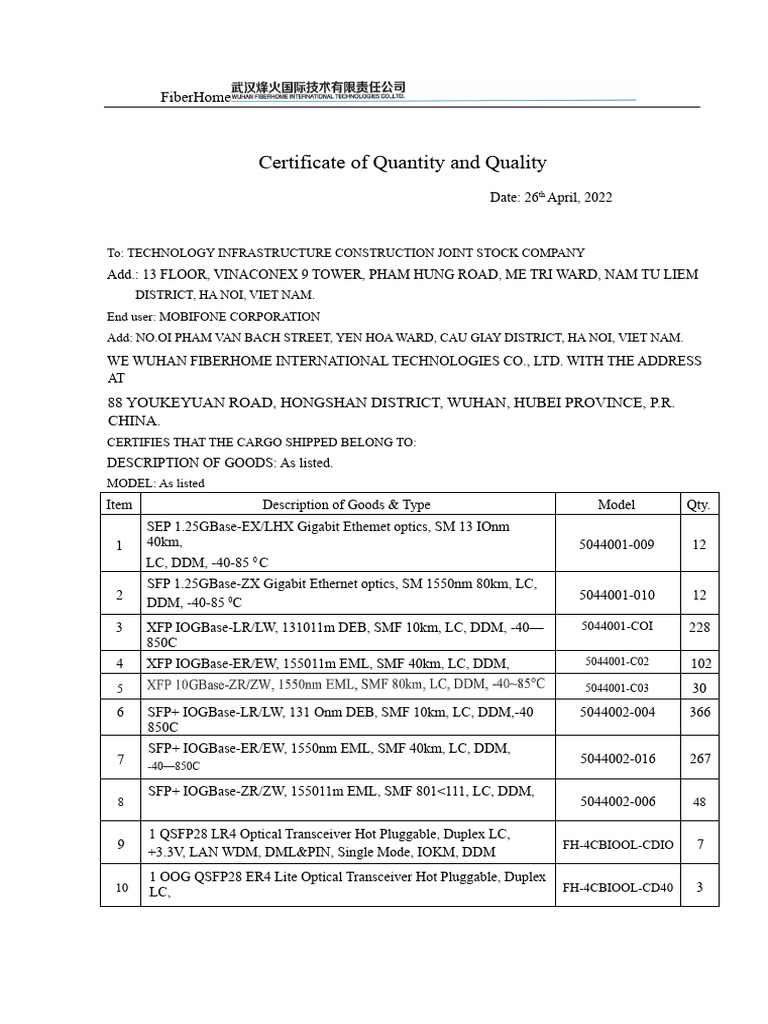 Certificate of Quantity and Quality | PDF | Networking Standards ...